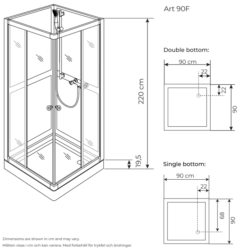 Cabina de ducha ART 90F - Dimensiones: 90 x 90 cm. Altura 220 cm.